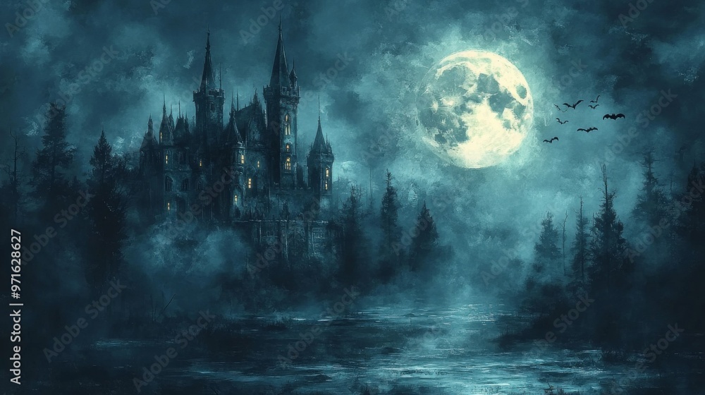 Spooky old medieval castle: Ancient eerie castle on mountain, swarm of ...