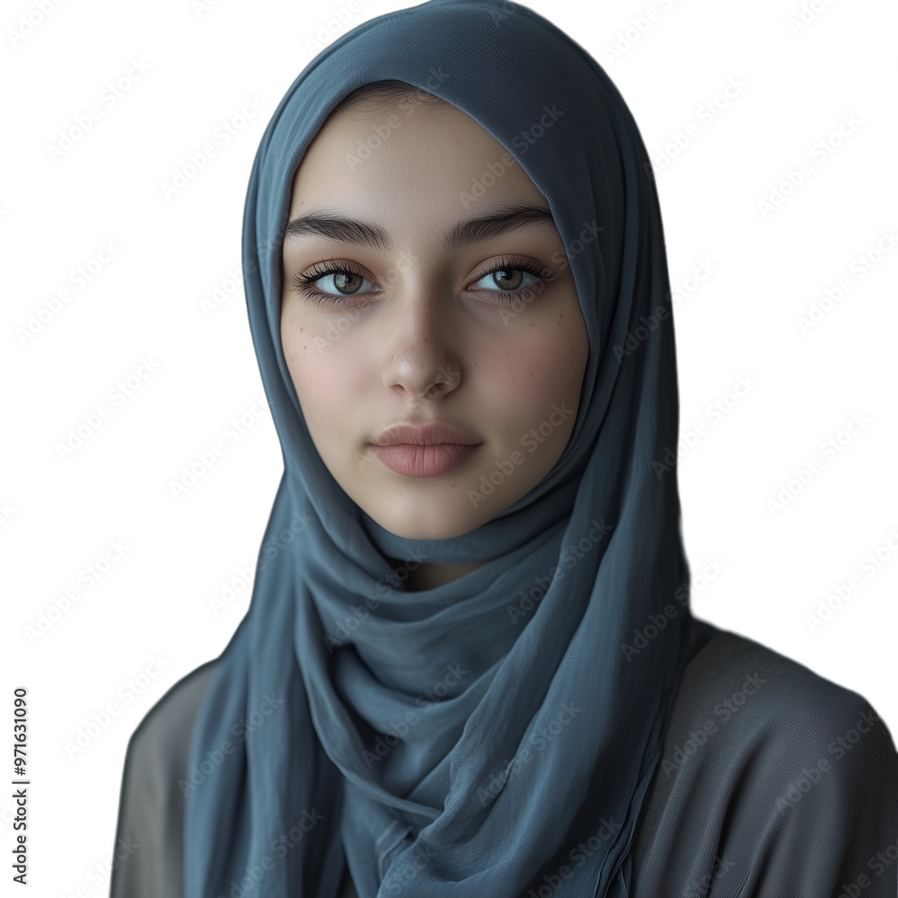 Young woman in a hijab with a calm and serene expression, looking ...