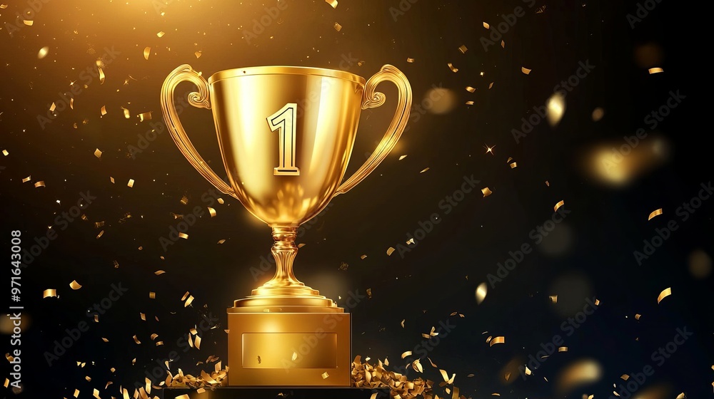 Golden award trophy on a winning podium with a number 1 medal and ...