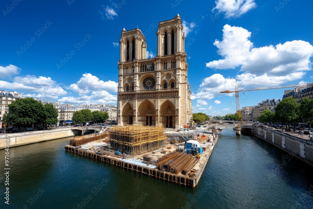 A scene of medieval Paris, with Notre-Dame Cathedral under construction ...