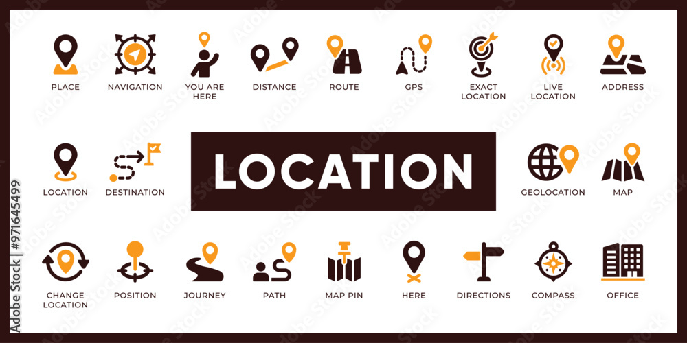Location Icon Set featuring essential elements like place, navigation ...