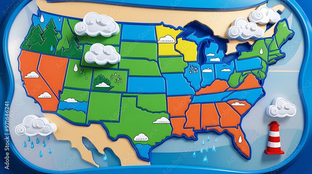 3D weather map of the United States with colorful weather icons, a ...