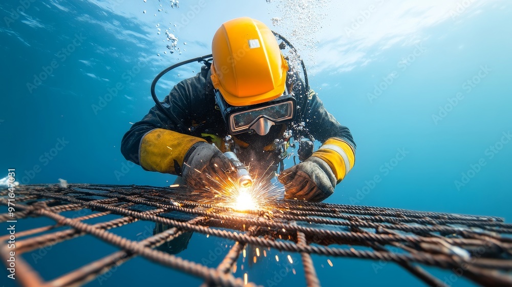 Diver securing metal plates underwater, welding sparks visible. Stock ...