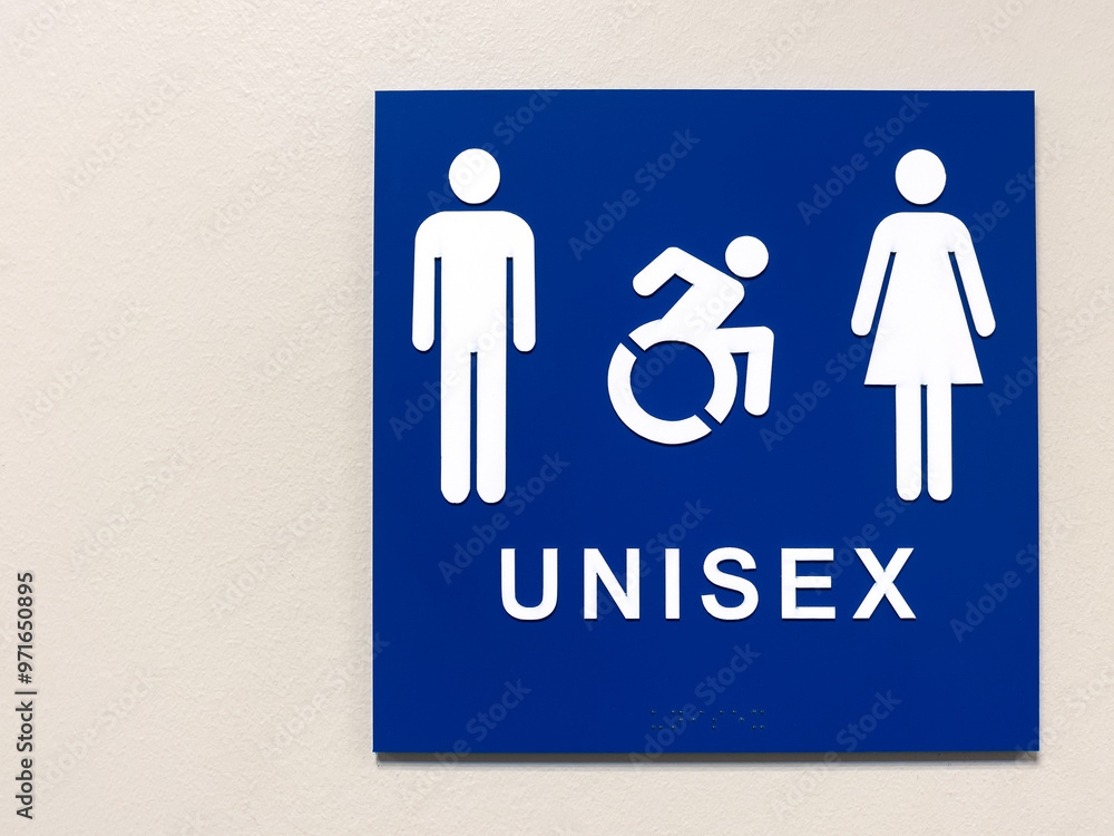 Unisex public restroom sign on wall. Gender neutral bathroom signage ...
