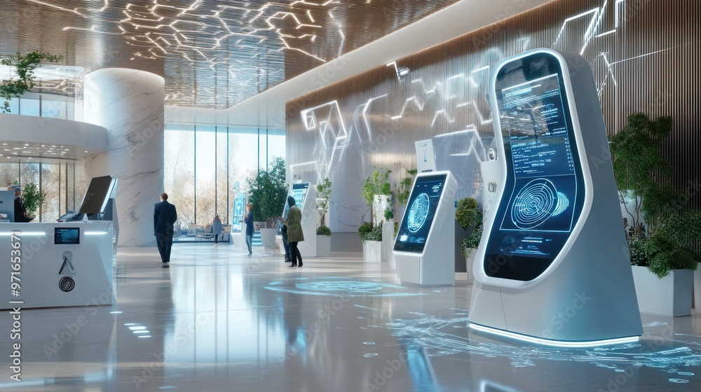 A modern bank lobby with digital kiosks and interactive screens ...