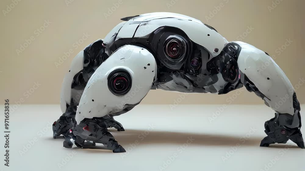Futuristic robot dog in sleek white design, crouching in an advanced ...