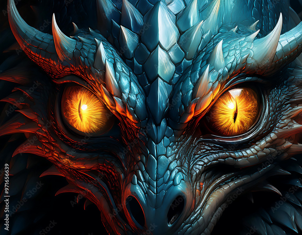 Pair of glowing dragon eyes, staring from the darkness, creating an ...