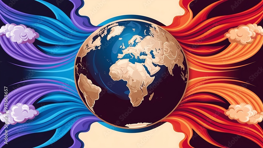 Digital illustration of two Earths side by side: one with a serene blue ...