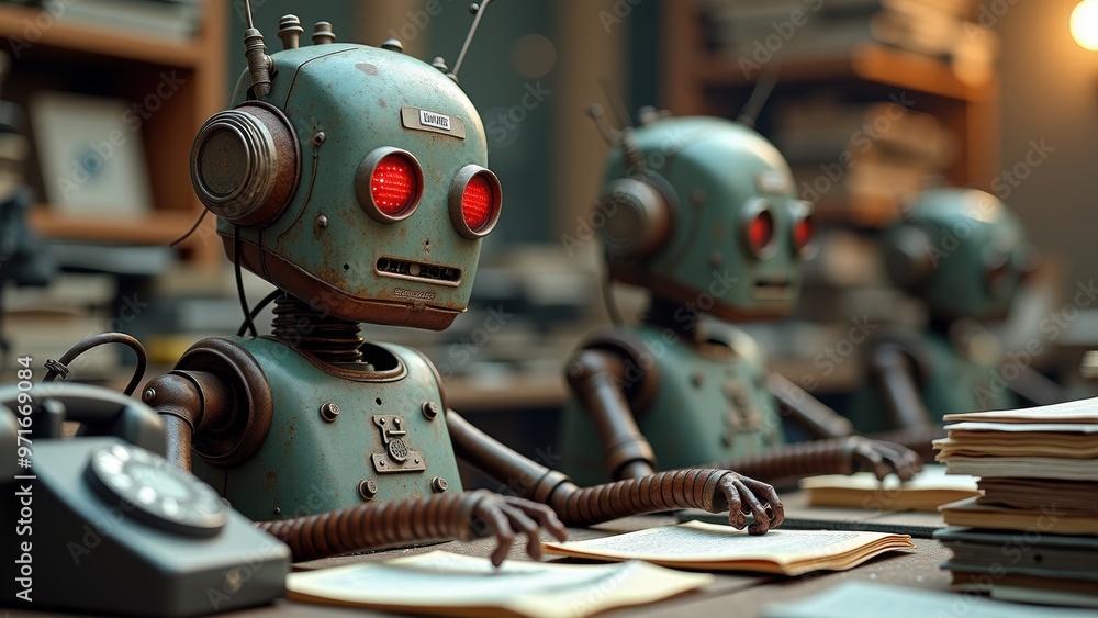Rusty Retro Robot with Blinking Lights Making Telemarketing Calls on ...