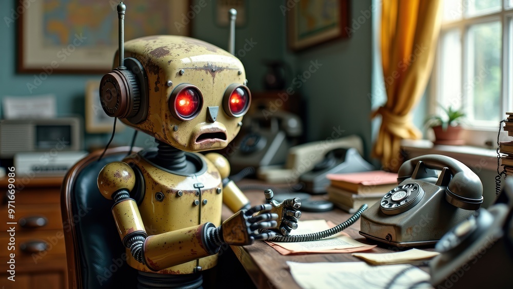 Outdated Robot Sitting at a Cluttered Desk Making Spam Calls on Rotary Phones Stock Illustration ...