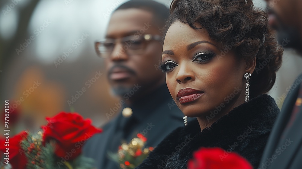 Solemn Goodbye. An African American family at a funeral, depicted in ...