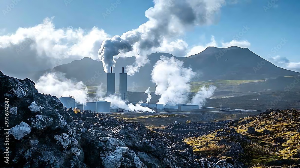 Geothermal power plant with steam rising from deep wells, surrounded by ...