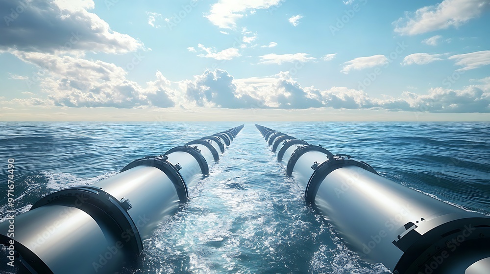 Ocean wave power plant showing mechanical arms harnessing energy from ...