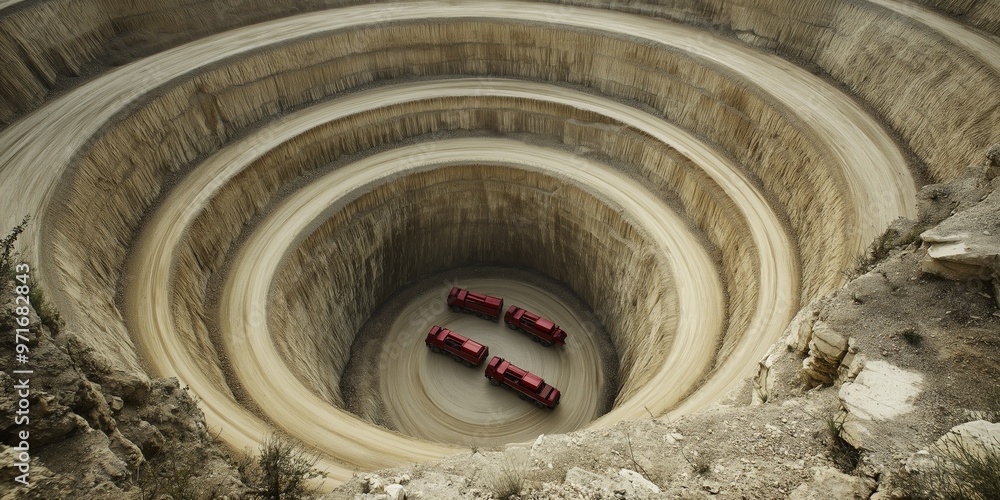 Aerial view of a diamond mine featuring concentric circles of an open ...