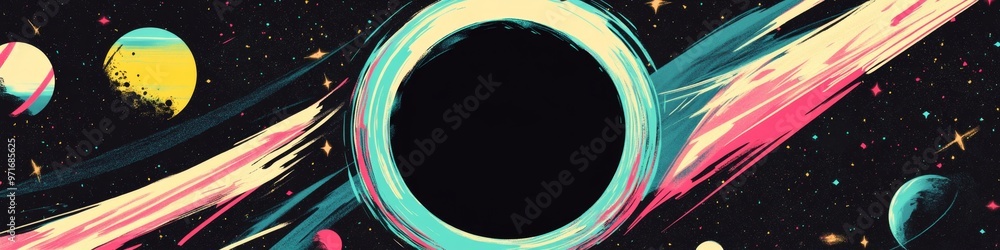 Stylized black hole poster featuring 80s retro sci-fi design with bold ...