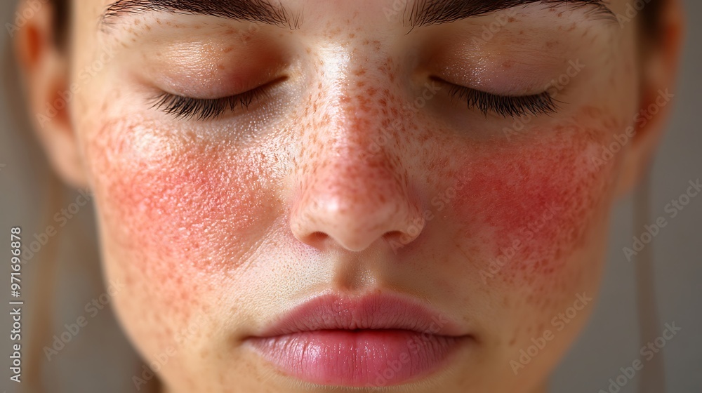 Dermatitis on the face, showing red, scaly skin around the cheeks and ...
