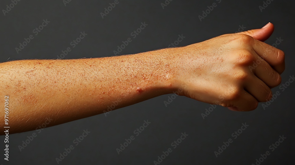 Forearm with eczema-like allergic reaction, displaying red, irritated ...