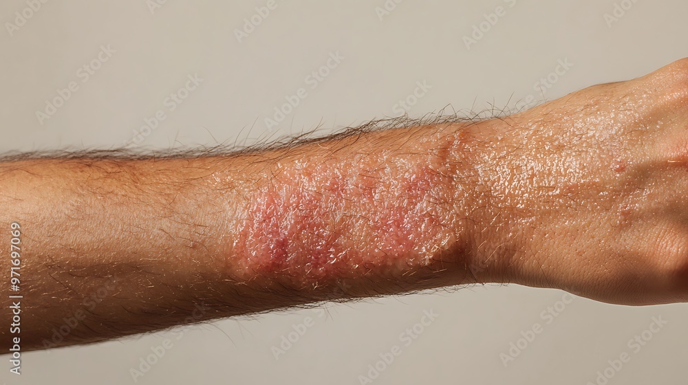 Forearm with eczema-like allergic reaction, displaying red, irritated ...