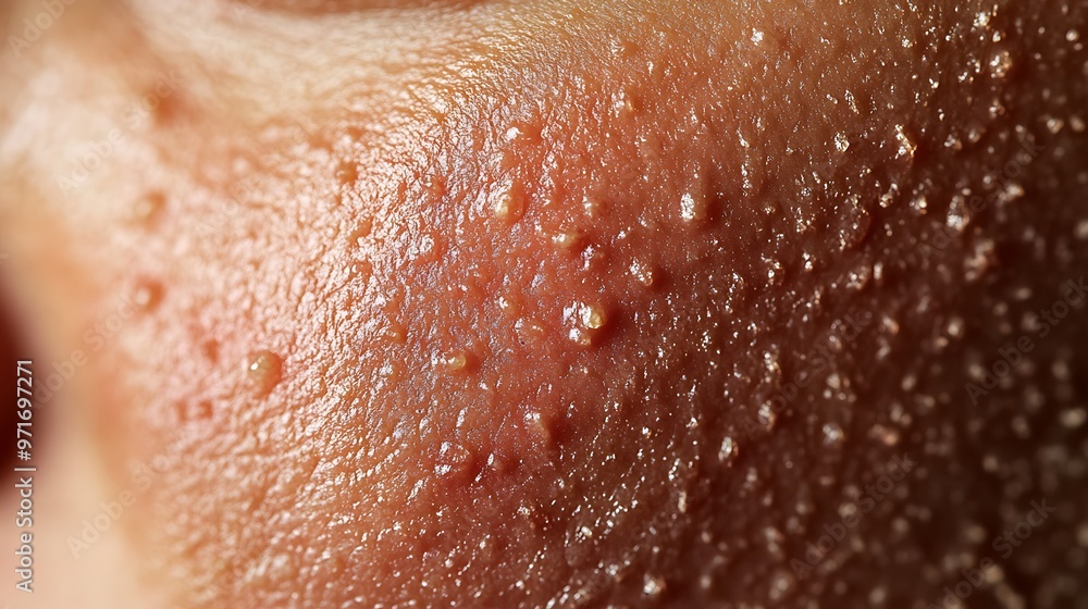 Skin showing a patchy, red rash with visible swelling and small bumps ...