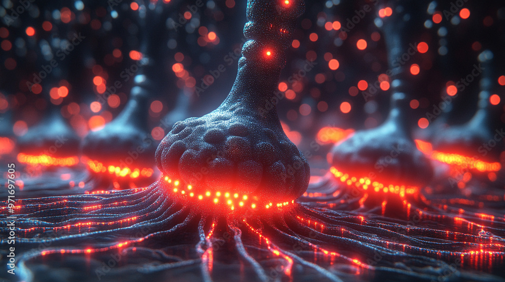 nerve cell synaptic cleft, showcasing glowing neurotransmitters at the ...
