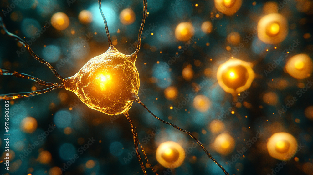 nerve cell synaptic cleft, showcasing glowing neurotransmitters at the ...