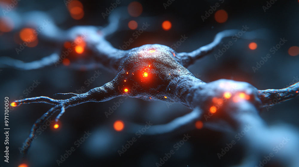 nerve cell synaptic cleft, showcasing glowing neurotransmitters at the ...