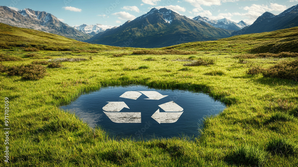 lake shaped like a recycling symbol, symbolizing environmental ...