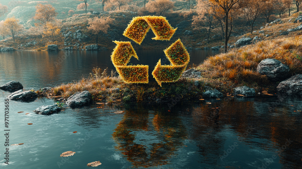 lake shaped like a recycling symbol, symbolizing environmental ...