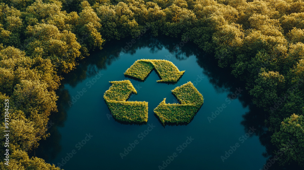 lake shaped like a recycling symbol, symbolizing environmental ...