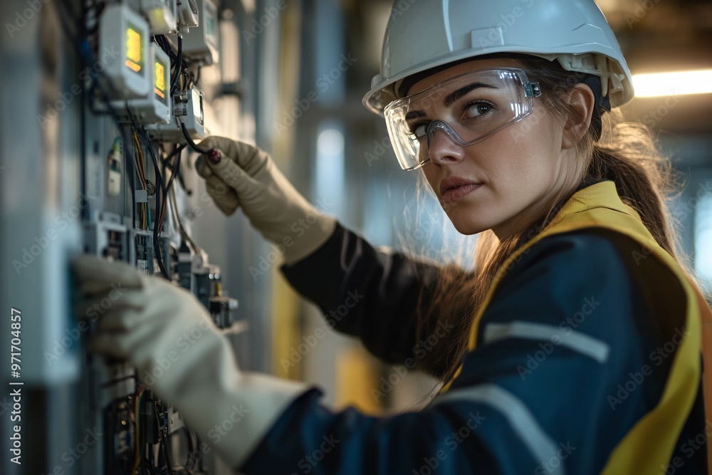 Female electrician working on electrical panels in a commercial ...