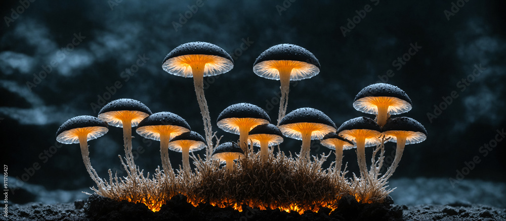 Beautiful mycelium, mushrooms with black caps and yellow legs grow on ...