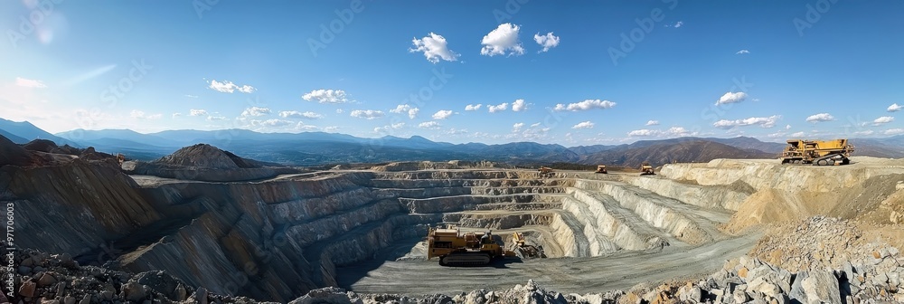vast open-pit mine, heavy machinery, panoramic view, clear blue sky ...