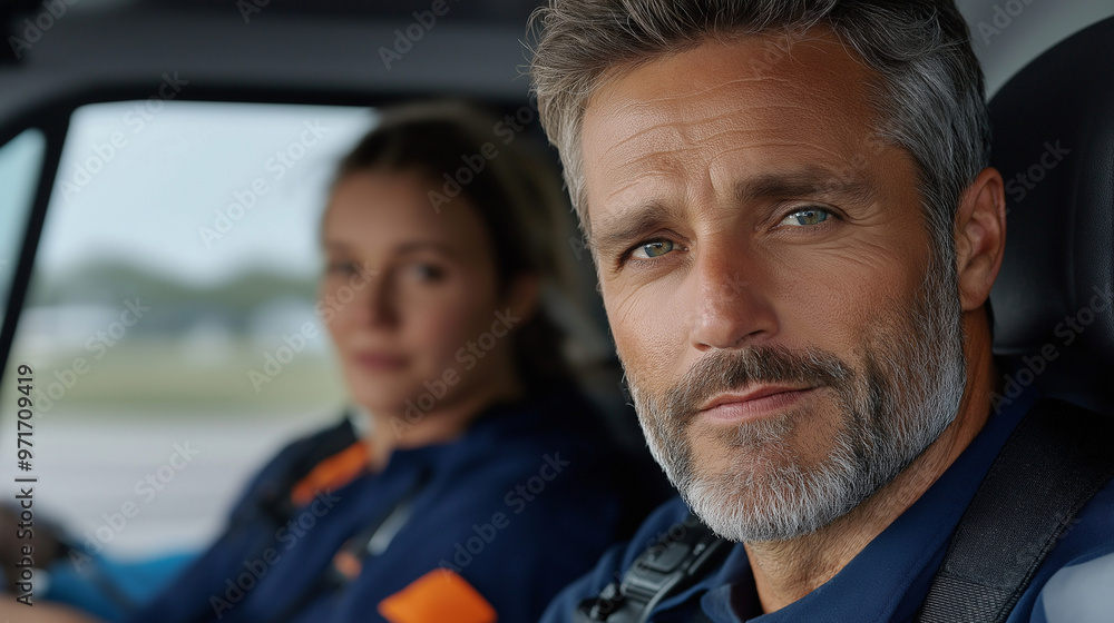 An ambulance driver sitting behind the wheel, talking with a paramedic ...