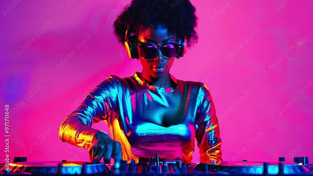 Black DJ woman engages the crowd with energetic music as colorful ...