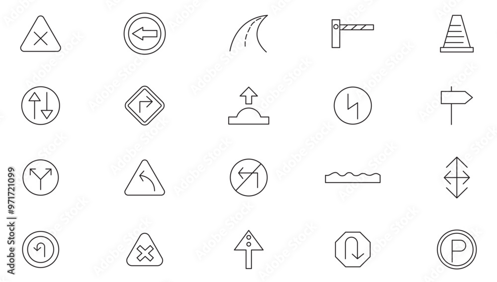 Road sign line icon set. Road signs, fences, highway, highways, road ...