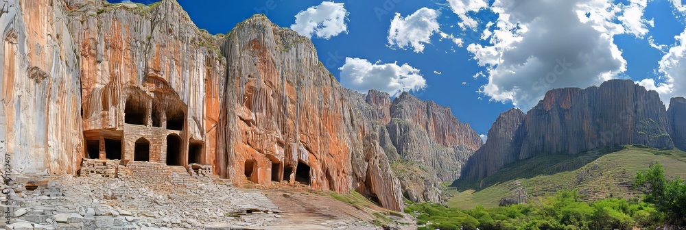Ancient Rock-Cut Tombs Carved into a Sheer Cliff Face, Majestic Canyon ...