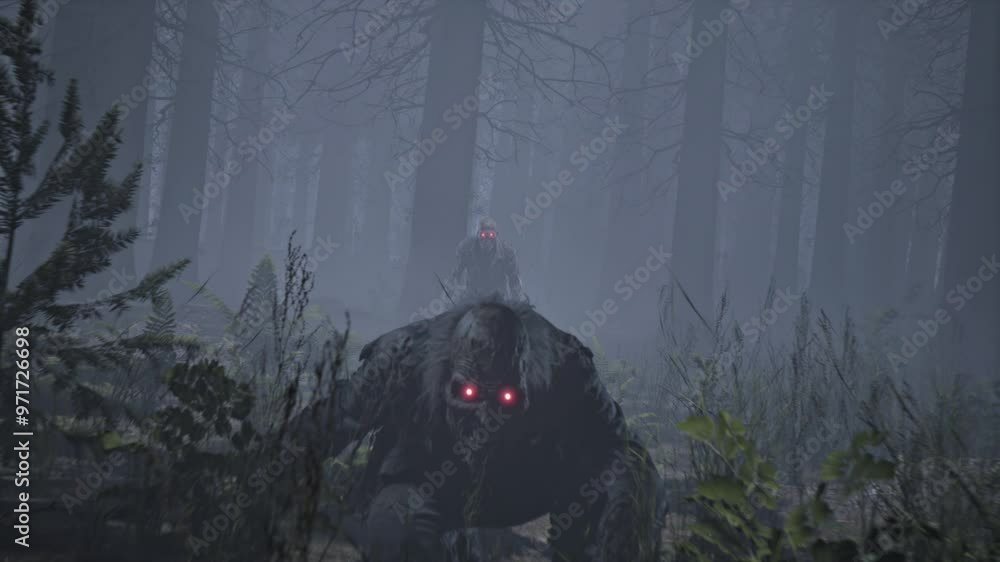 A horrifying zombie with blazing red eyes stalks through the misty ...