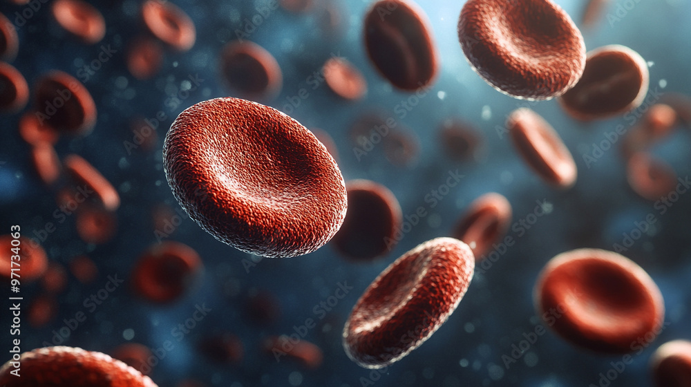 red and white blood cells flowing through a blood vessel. This medical ...