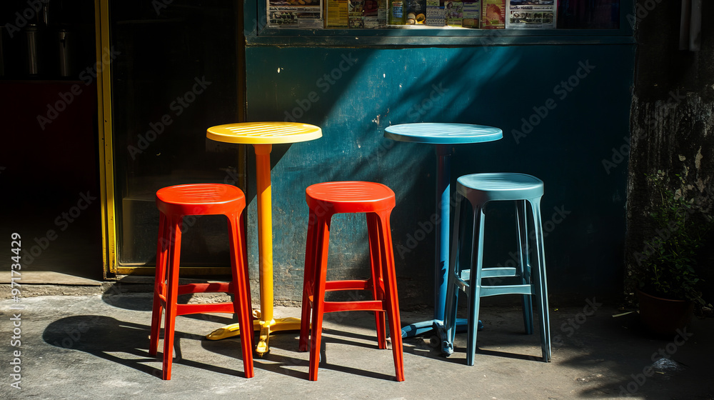 "Plastic stool chair and table, often used in street food settings ...