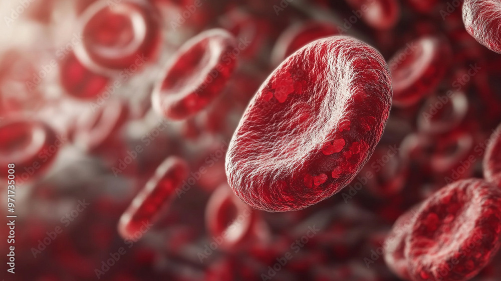 red and white blood cells flowing through a blood vessel. This medical ...
