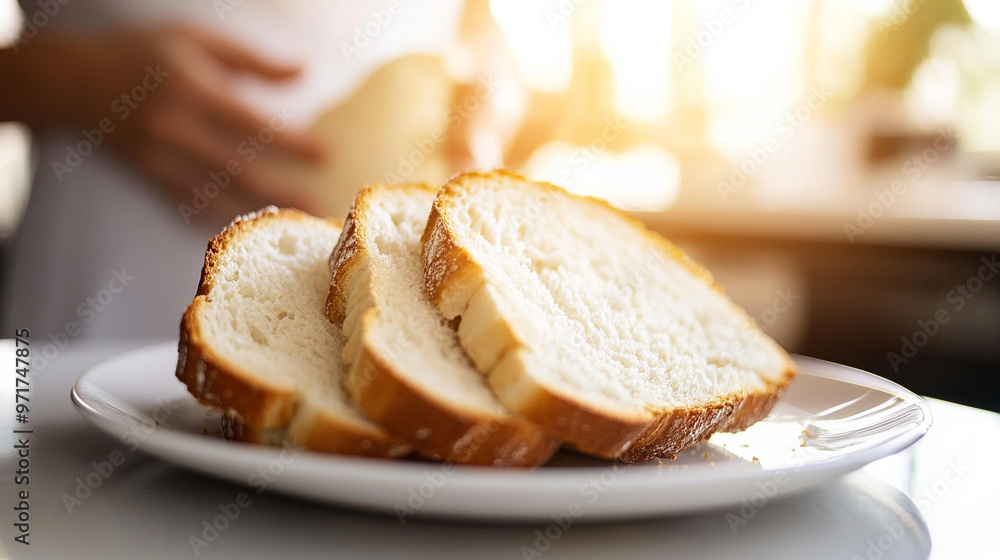 plate of sliced white bread sits in focus on a table, while in the ...