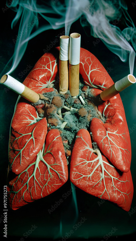 Sick lungs of a smoker on a black background with cigarettes in the ...