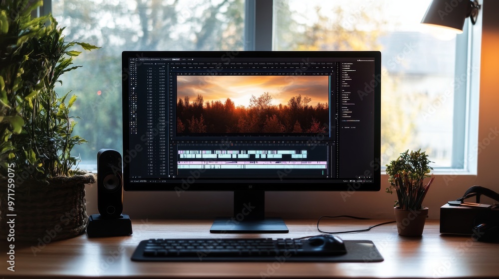 A modern desk is equipped with a widescreen monitor displaying a ...