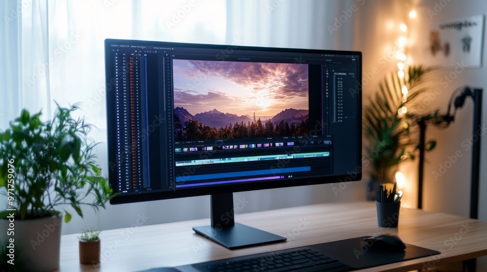 A clean desk features a widescreen monitor showcasing a detailed video ...