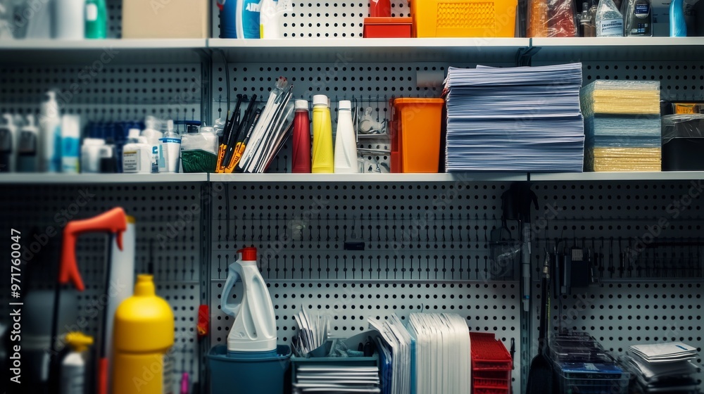 The office supply room showcases organized shelves filled with stacks ...