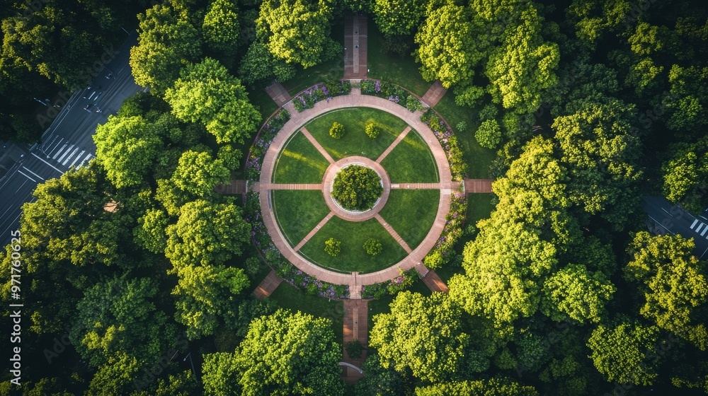 This top-down view captures a circular structure embraced by lush trees ...
