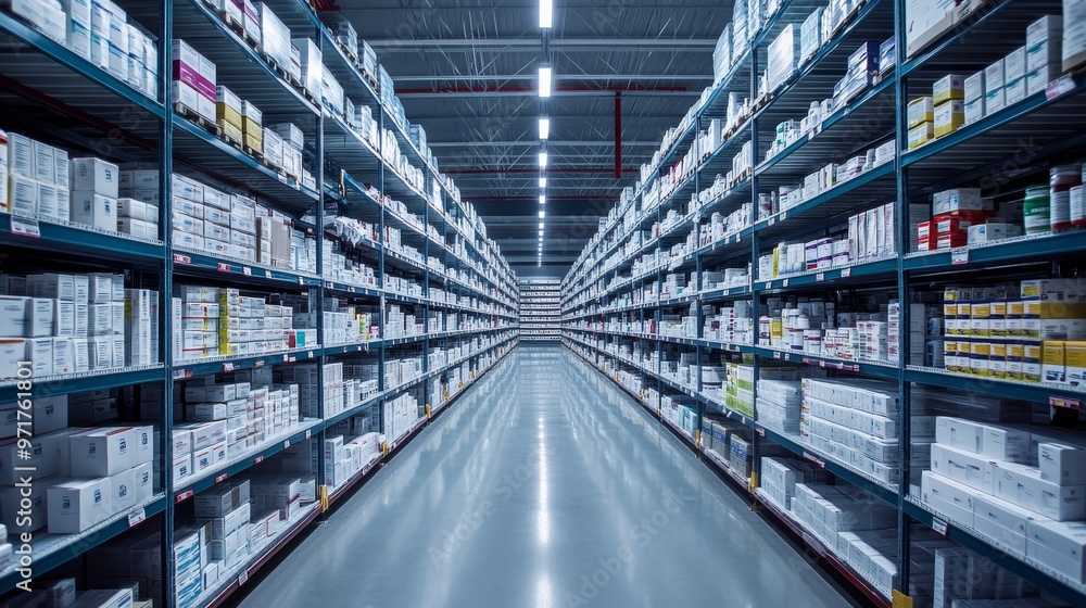 The warehouse features long rows of organized shelves filled with ...