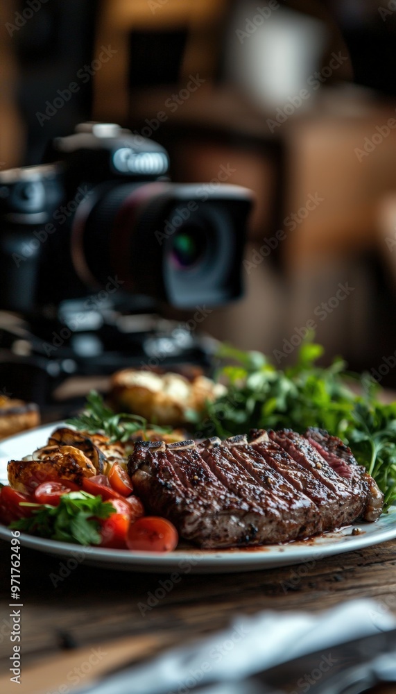 Food Blogger Photographing Gourmet Steak Dinner with Sides for Online ...