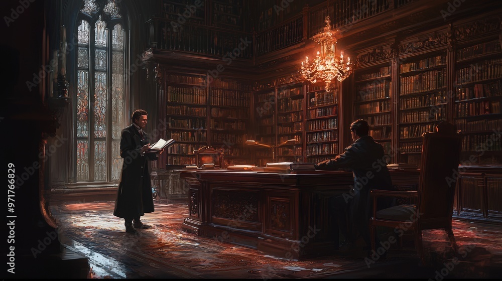 Passionate Debate Between Historians in Grand Library with Vintage ...