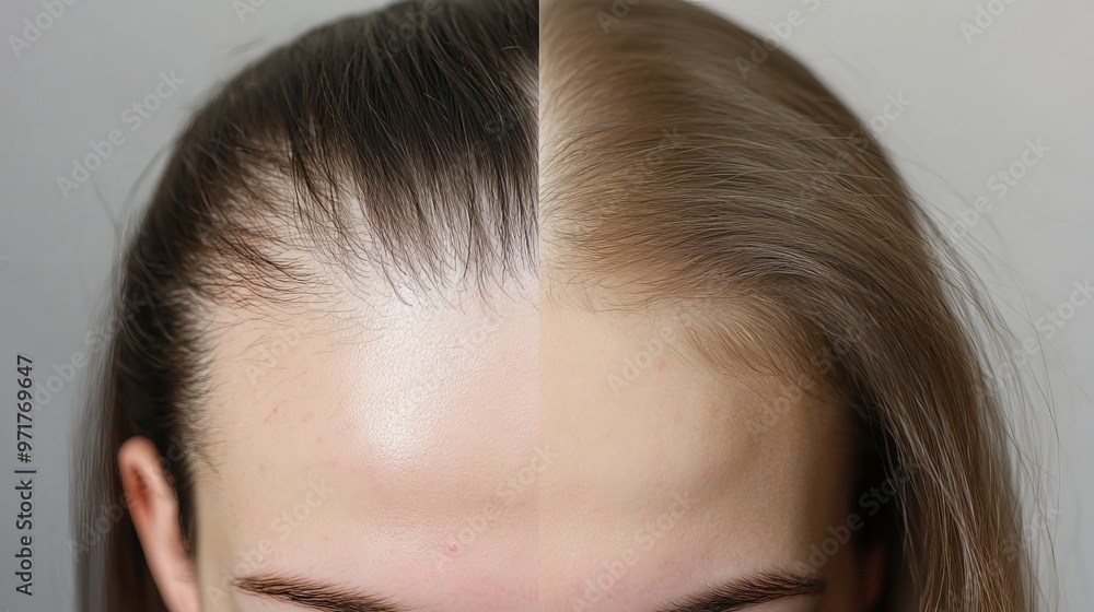 Hair loss, hair transplant, alopecia. Close-up shot of a young woman ...